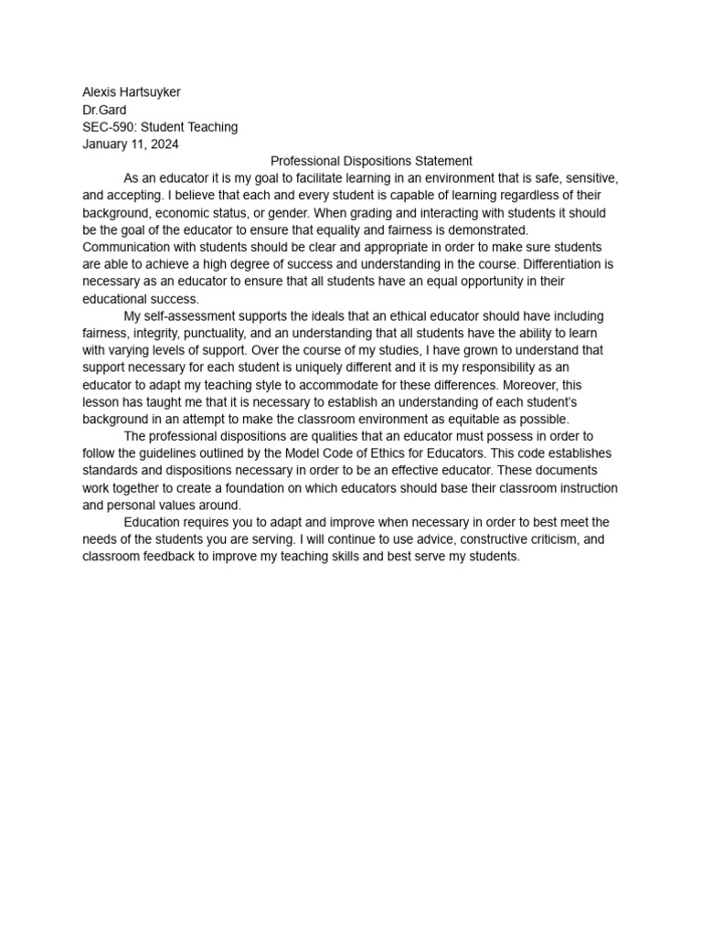 Sec-590 Professional Dispositions Statement | PDF