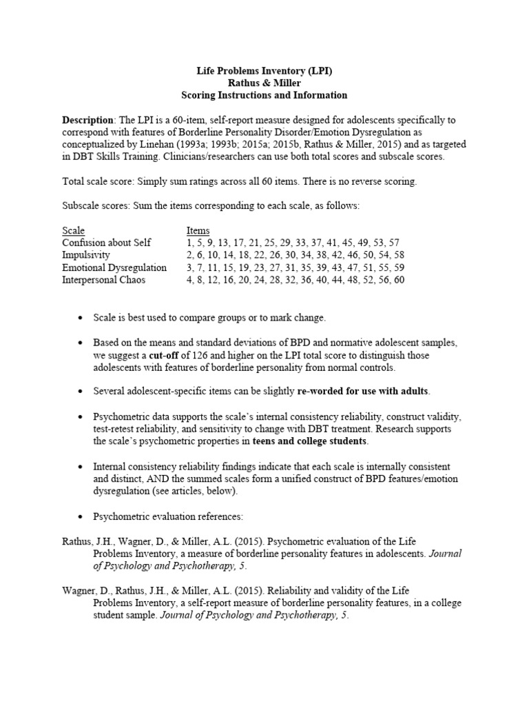 LPI+Scale | PDF | Borderline Personality Disorder | Dialectical Behavior Therapy
