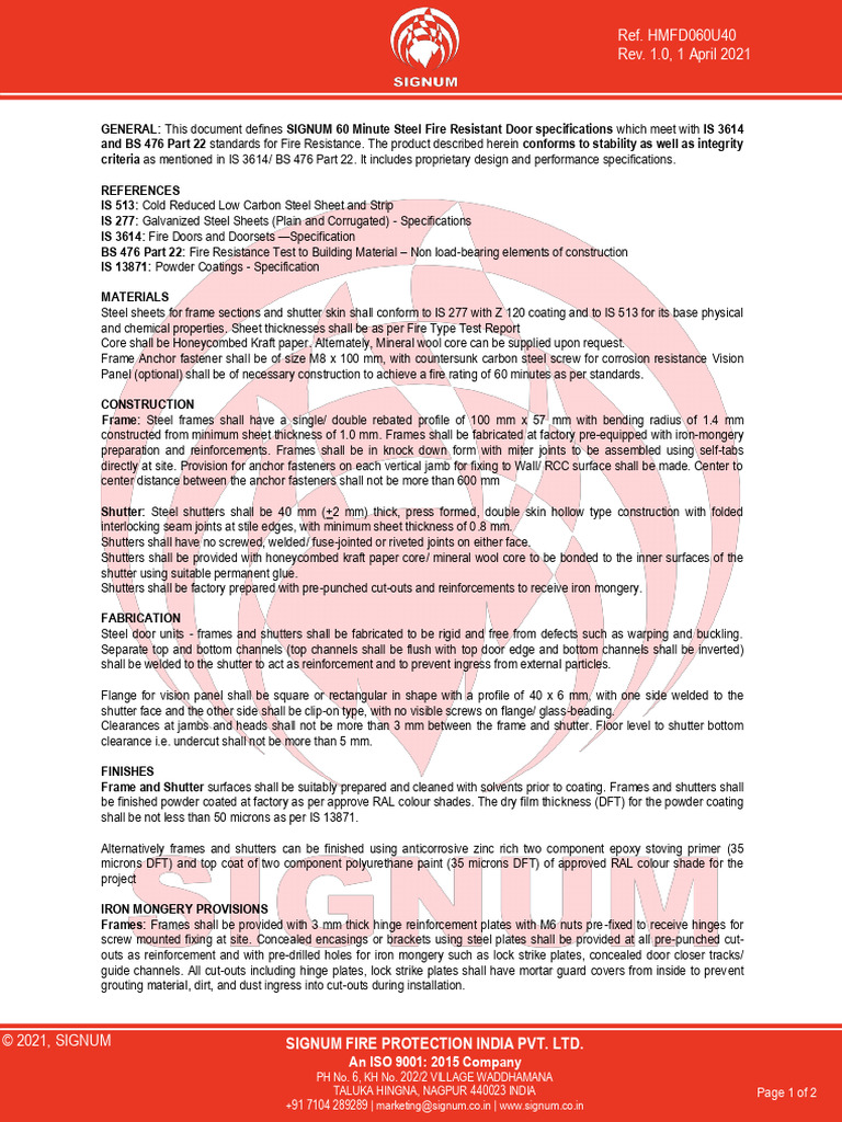 Signum 60 Minutes Steel Door Specifications HMFD060U40HC | PDF | Door ...