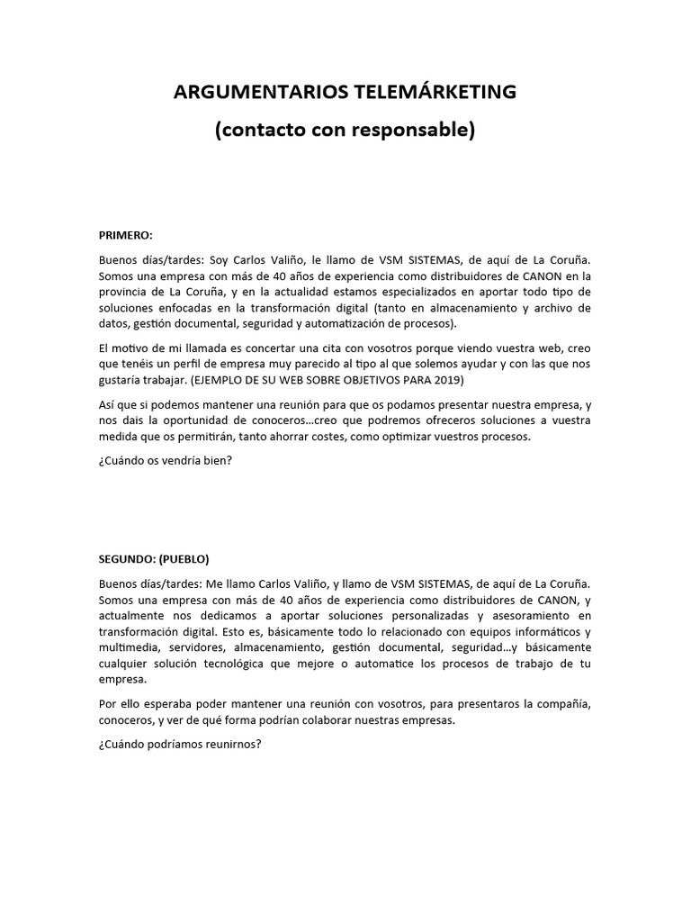 Argumentarios Telemárketing | PDF