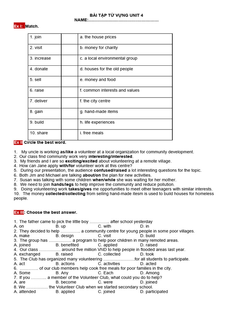 BÀI TẬP TỪ VỰNG UNIT 4 | PDF | Human Communication | Learning