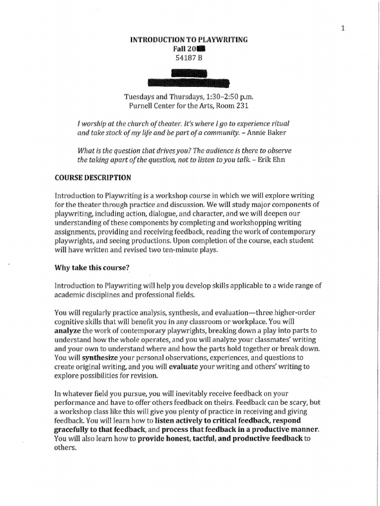 Introduction To Playwriting Syllabus | PDF