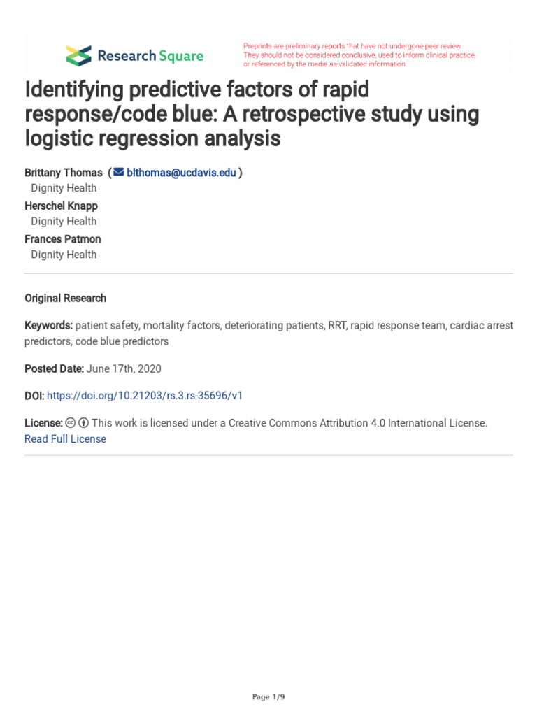 Identifying Predictive Factors of Rapid Response/code Blue: A Retrospective Study Using Logistic ...