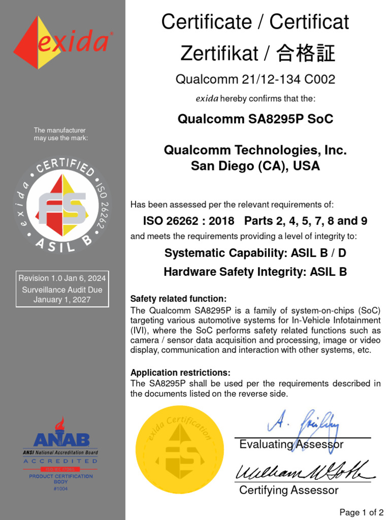 QCOM 2112-134-C002 ISO26262 Certificate SA8295P v1r0 | PDF | System On ...