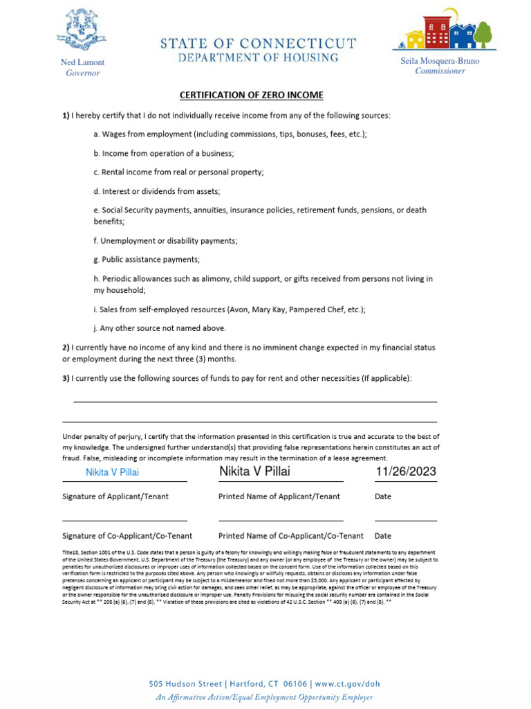 Zero Income Attestation Form | PDF | Income | Renting