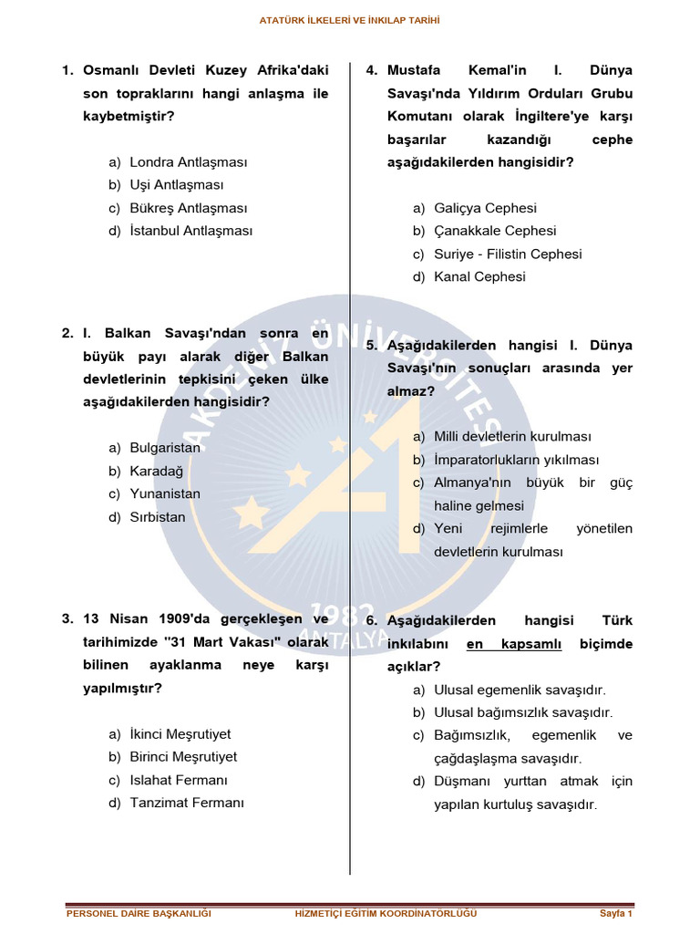 Ataturk Ilkeleri Ve Inkilap Tarihi Sorulari | PDF
