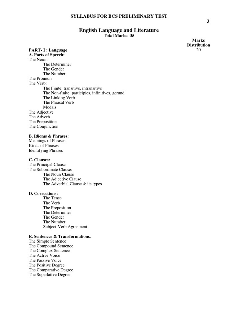 BCS Preliminary English Syllabus | PDF