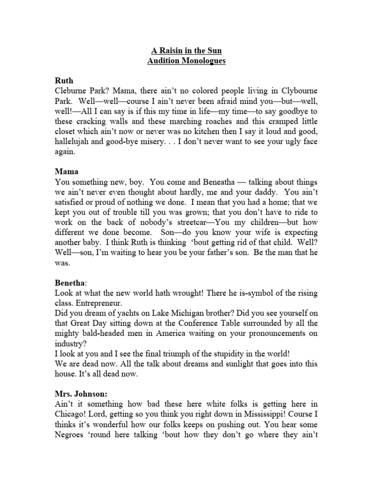 Monologues from A Raisin in the Sun | PDF | Mystery, Thriller & Crime ...