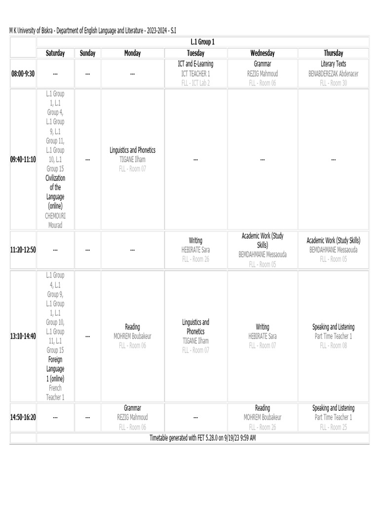 Timetable FINAL Students 2023 2024 Semester L1 | PDF | English Studies | Educational Technology