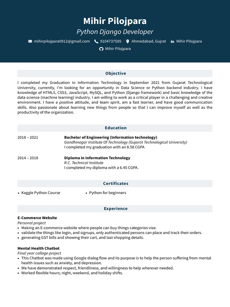 Mihir Pilojpara Resume | Download Free PDF | Python (Programming Language) | Software Engineering