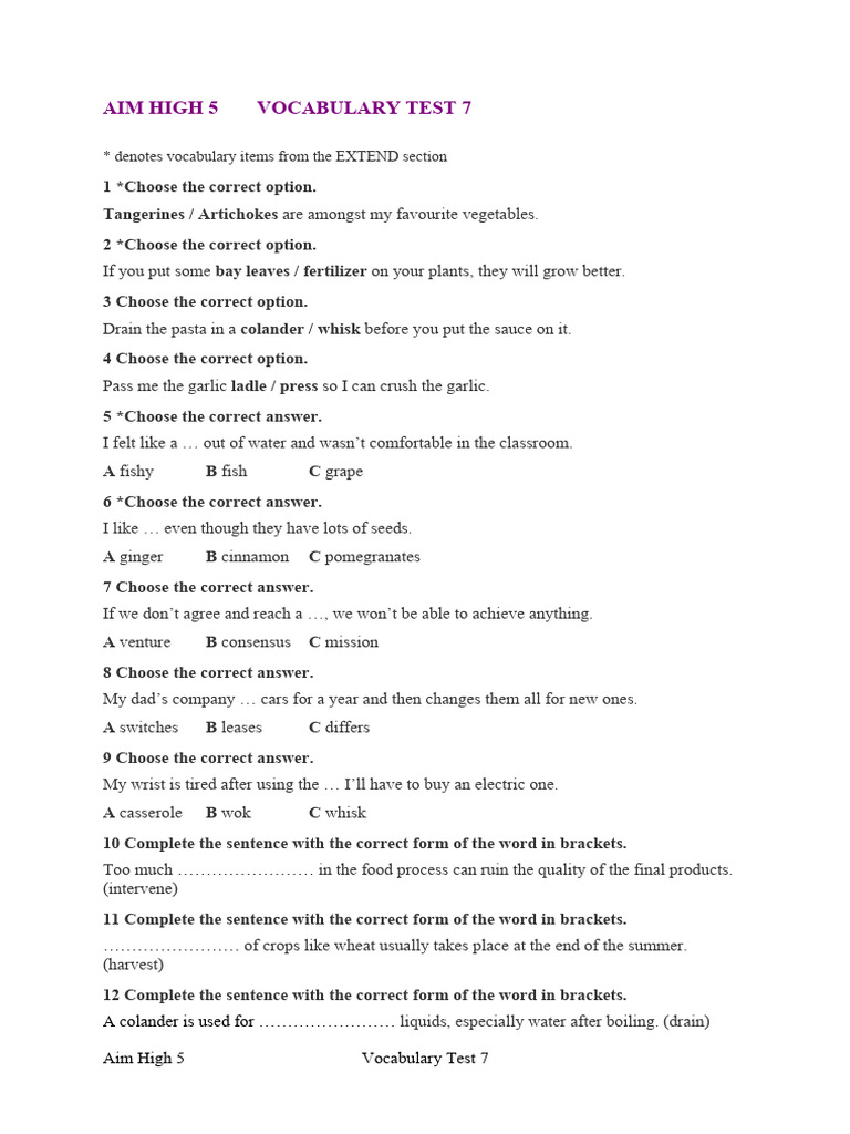 Aim High 5 Vocabulary Test 7 | PDF | Cooking | Cuisine