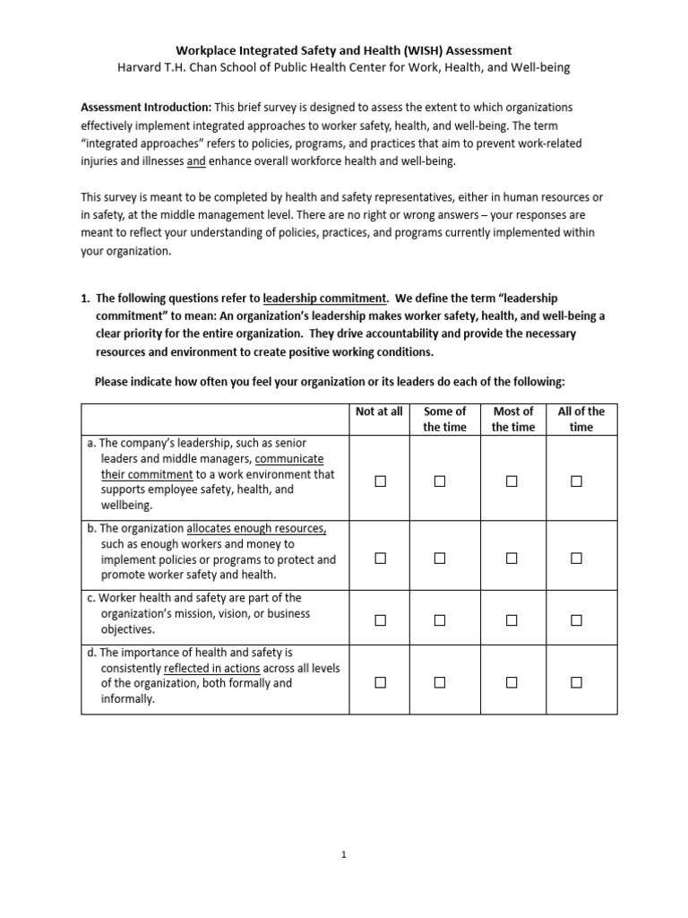 WISH Assessment - Harvard Center For Work, Health, & Well-Being | PDF ...