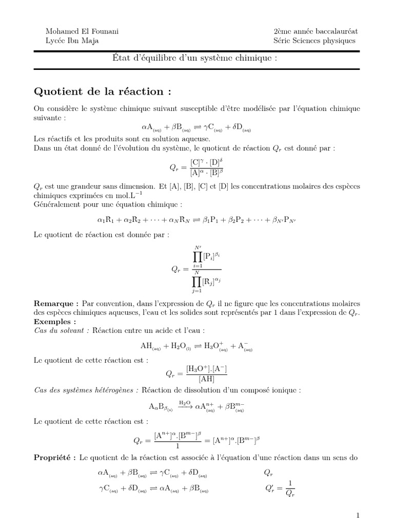 Etat D Equilibre D Un Systeme Chimique Cours Latex | PDF | Équilibre ...