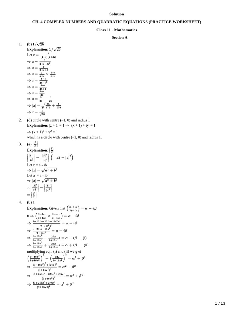 Complex Numbers and Quadratic Equations Worksheet | PDF | Numbers ...