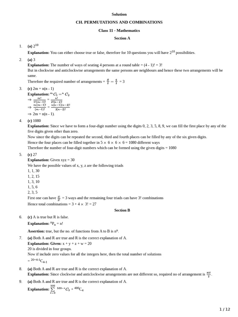 Permutations and Combinations WS AS | PDF | Permutation | Numbers