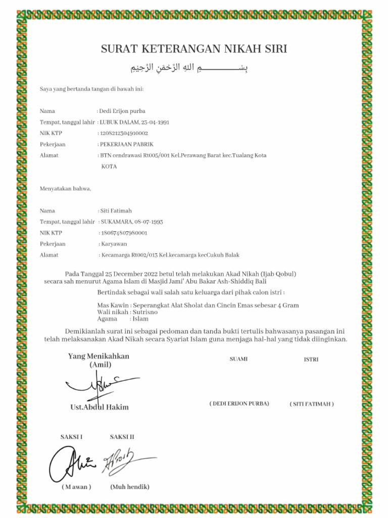 Surat Pernyataan Nikah Siri - PDF - 1-2 | PDF