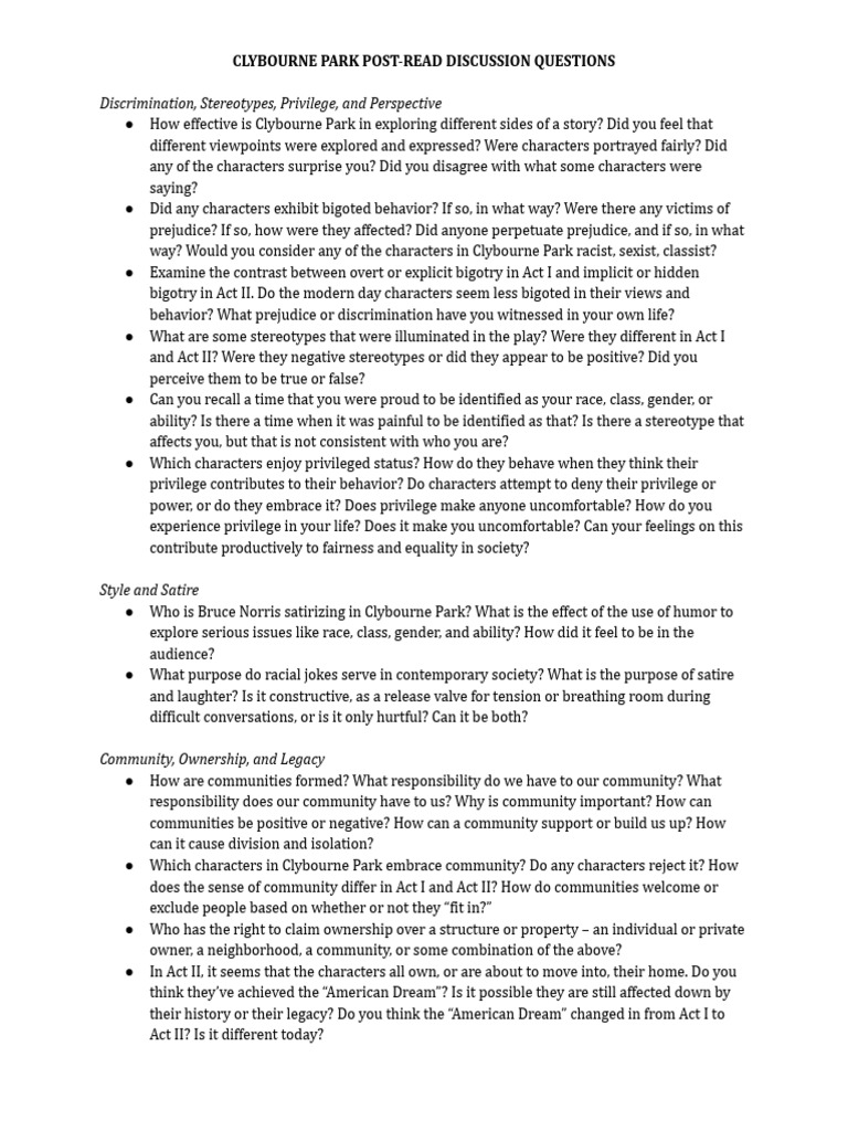 Clybourne Park Post-Read Discussion Questions | PDF | Prejudices ...