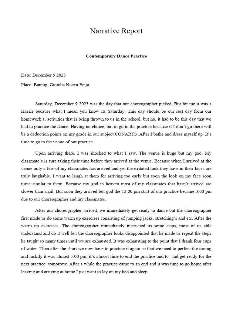 Dance Practice Narrative Report | PDF | Dances | Performing Arts