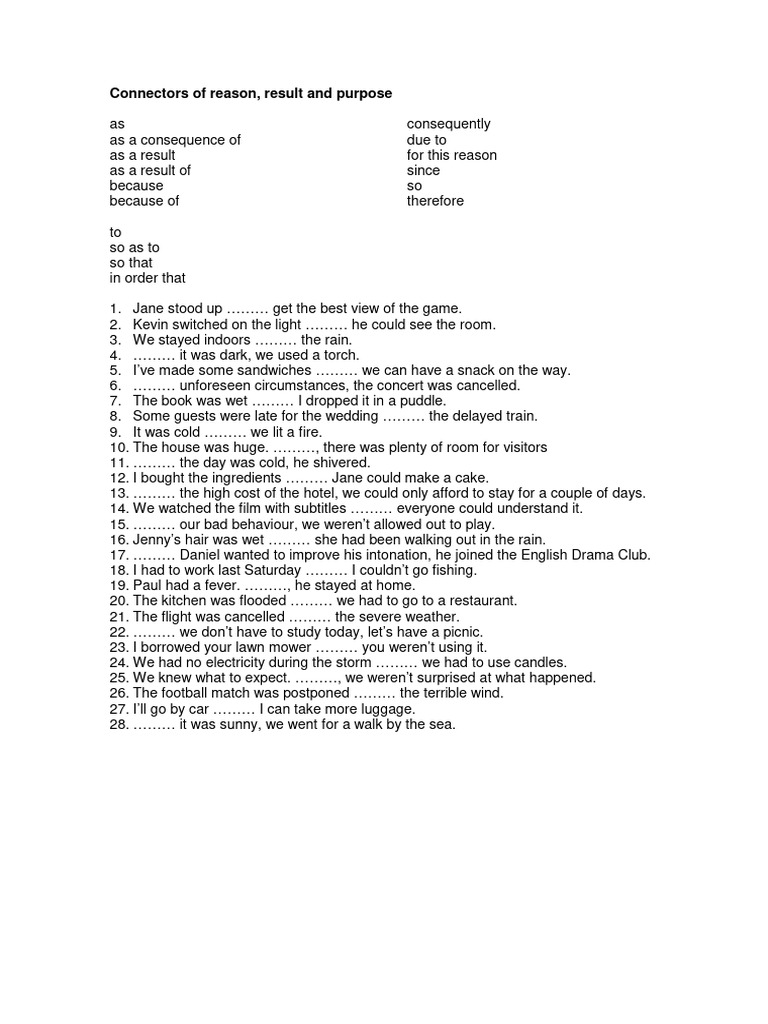 Connectors of Reason, Result and Purpose | PDF | Language Arts ...