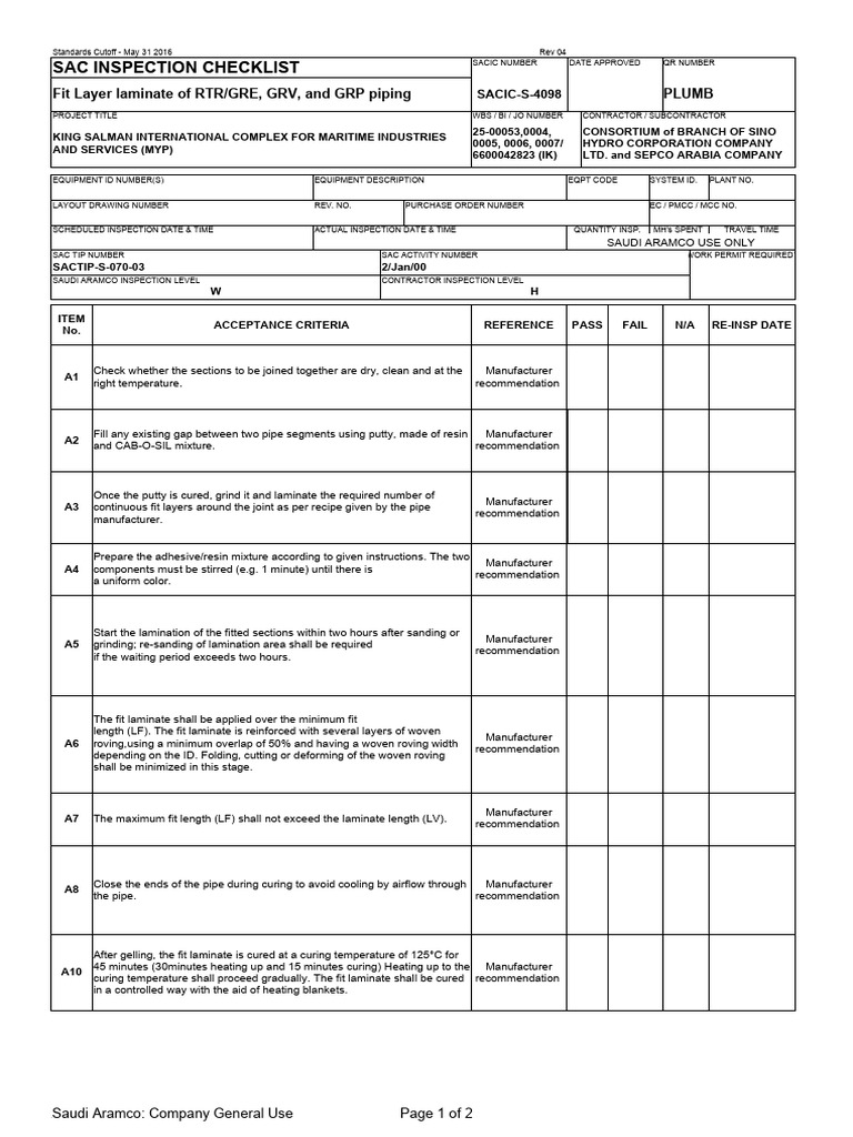 GRP Laminate Inspection Checklist | PDF | Pipe (Fluid Conveyance ...