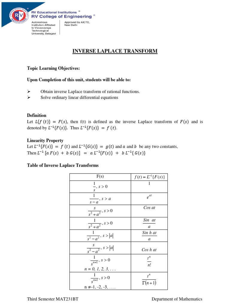 MAT231BT - Inverse Laplace Transforms | PDF | Logarithm | Laplace Transform