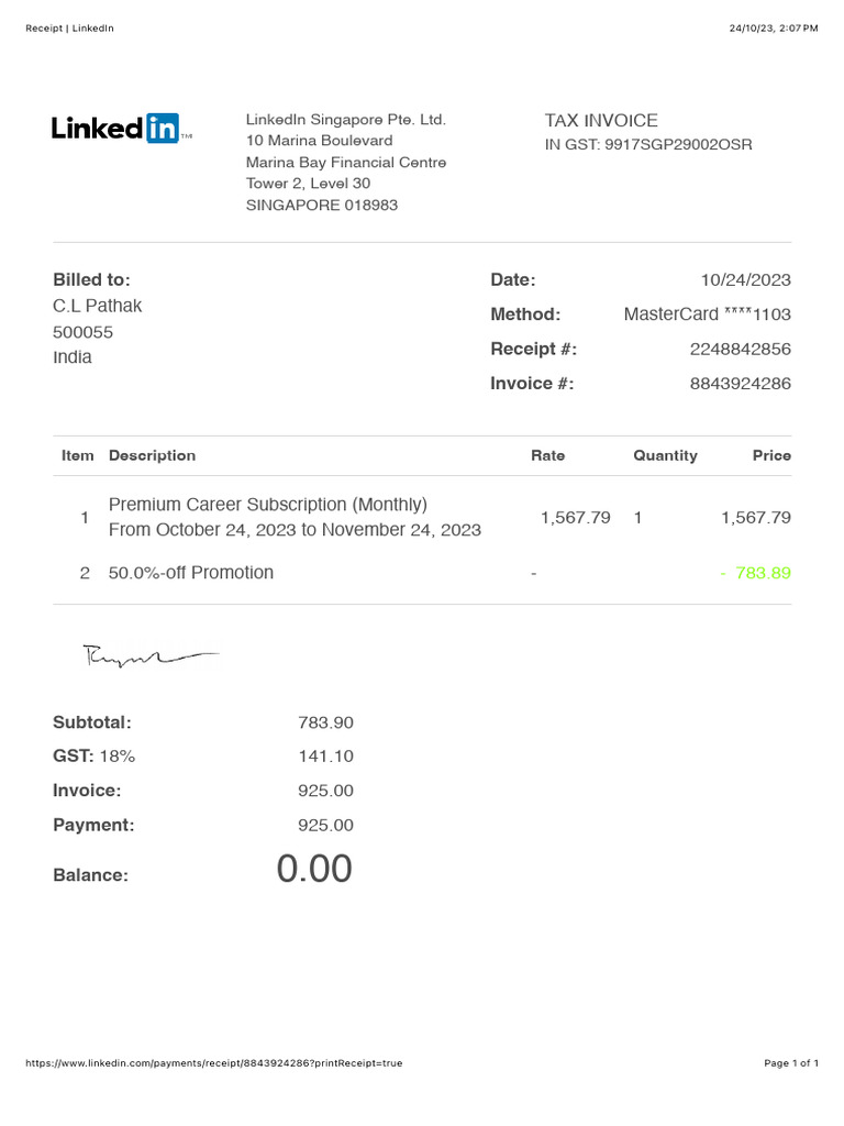 LinkedIn Premium Subscription Receipt | PDF