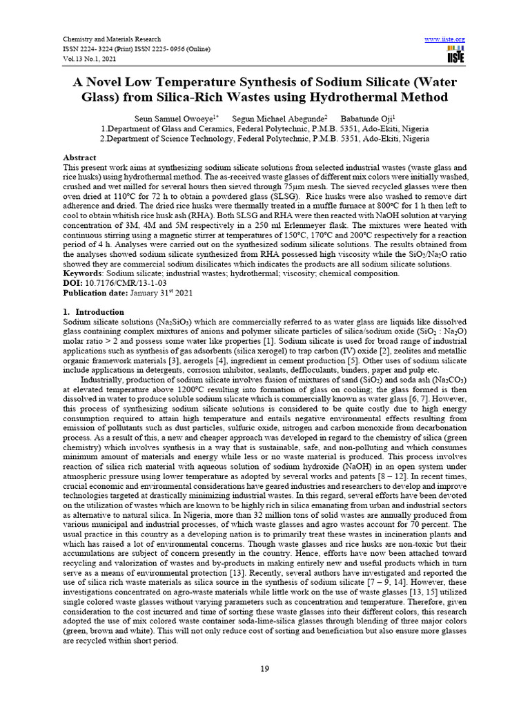 Synthesis of Sodium Silicate (Water Glass) From Silica-Rich Wastes ...