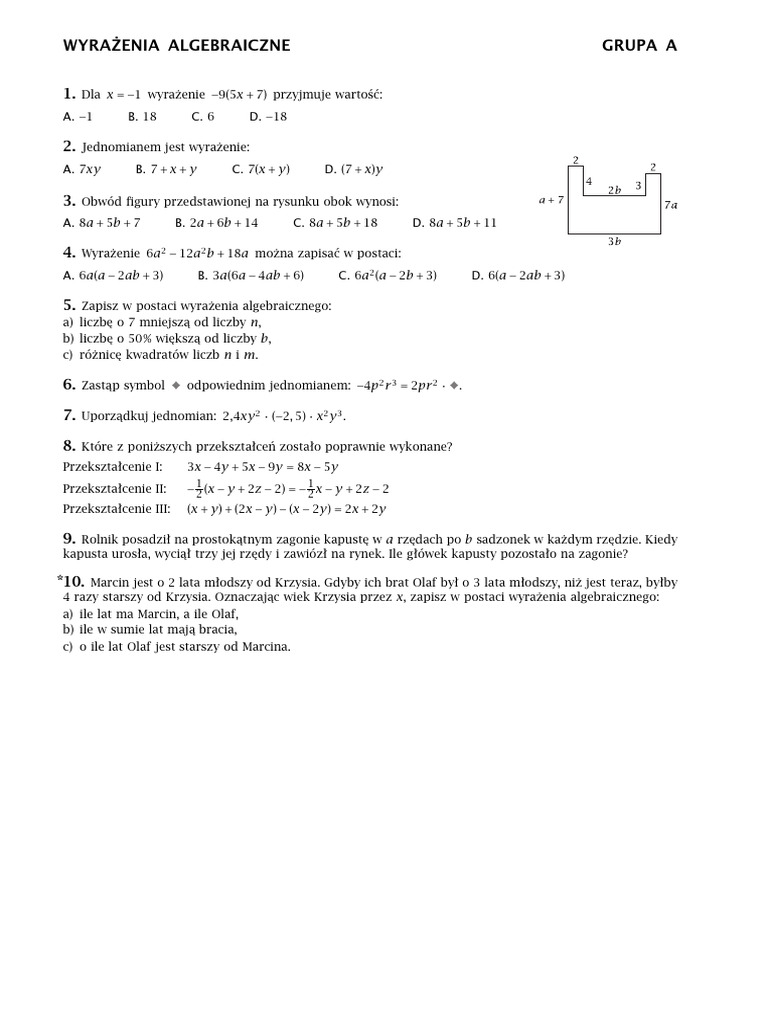 Wyrazenia Algebraiczne Praca Klasowa W 1 Klasie Gimnazjum PDF | PDF