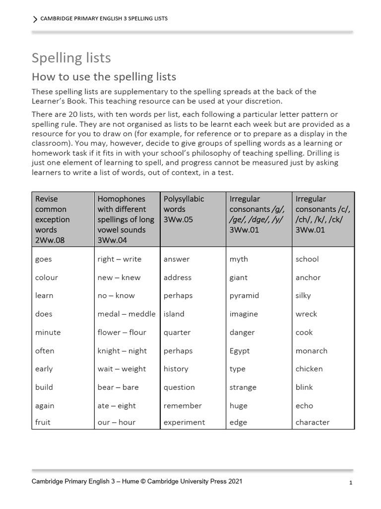 Cambridge Primary English 3 Spelling Guide | PDF