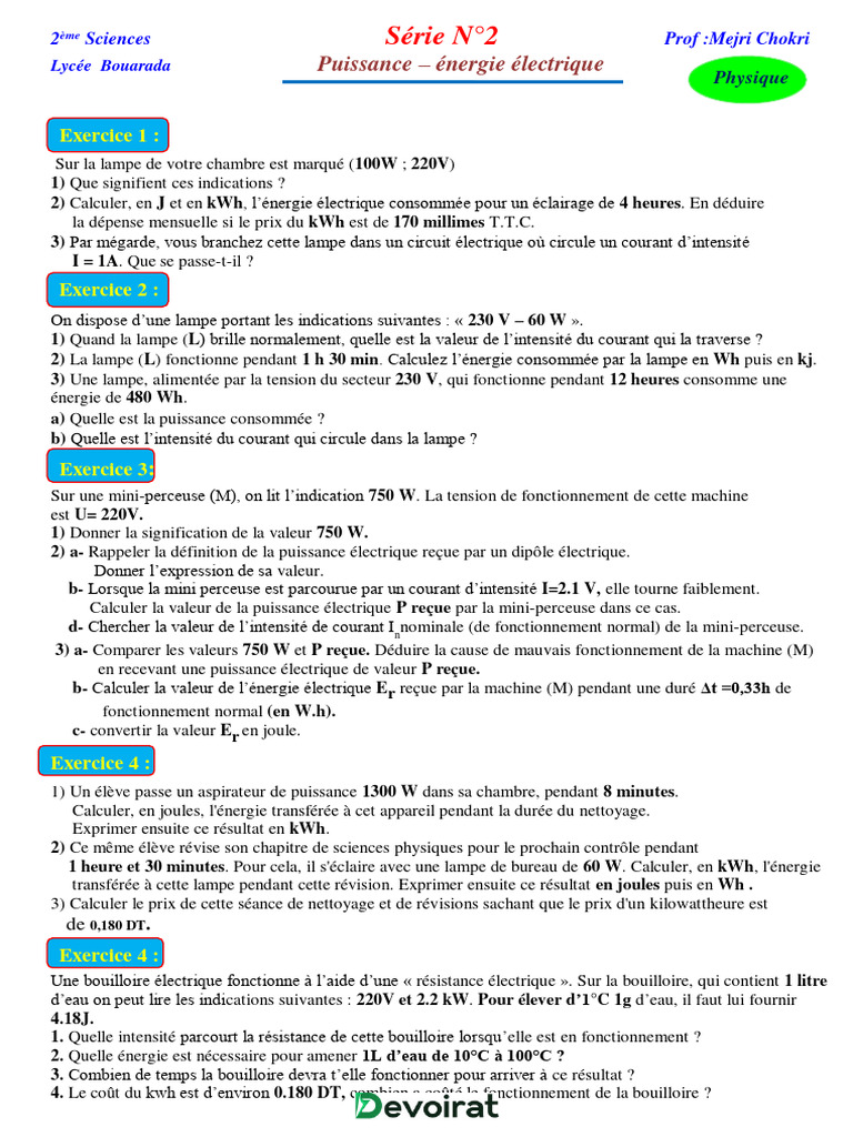 Série D'exercices N°1 - Sciences Physiques Puissances Et Énergie Electrique - 2ème Sciences ...