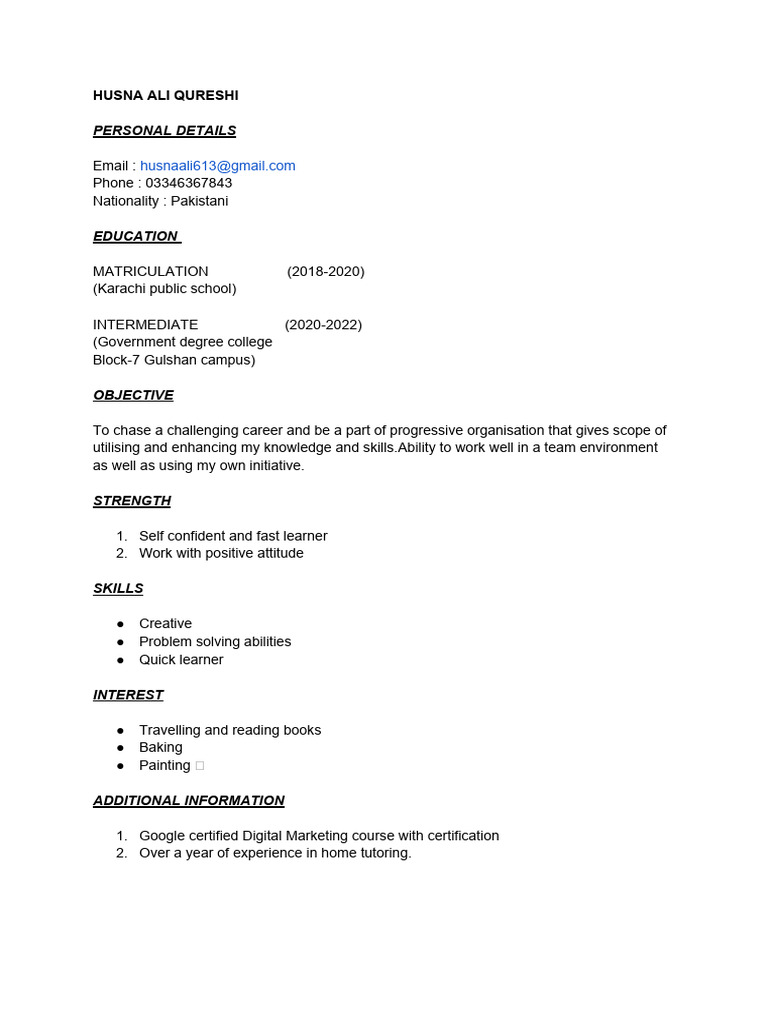 Personal Details: Husna Ali Qureshi | PDF | Career & Growth
