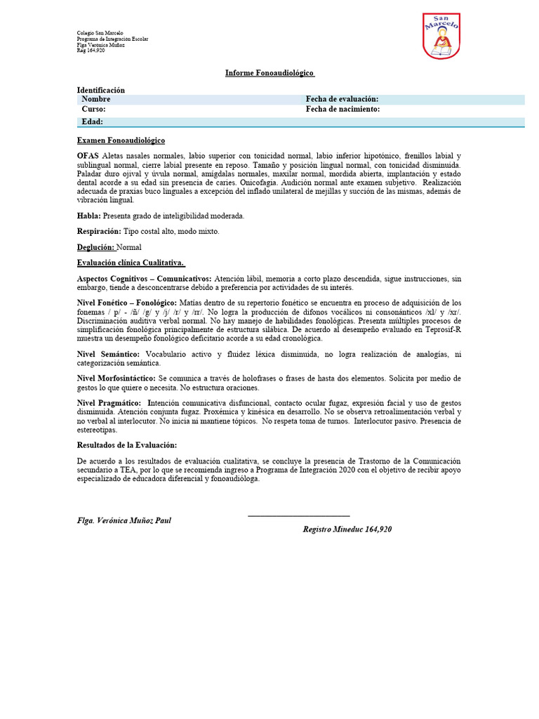 Informe Fonoaudiológico TEA | PDF | Fonología | Fonética