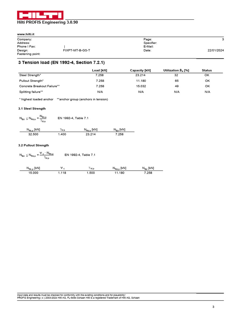 3 Tension Load (EN 1992-4, Section 7.2.1) : Hilti PROFIS Engineering 3. ...
