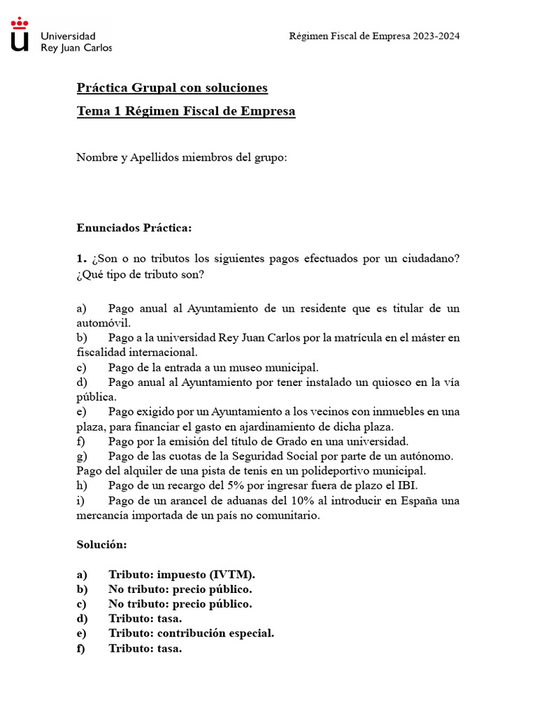 Practica Tema 1 Grupal Con Soluciones | PDF | Impuestos | Evasión de impuestos