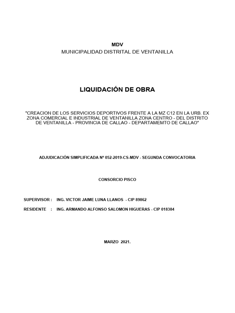 LIQUIDACION - OBRA DE VENTANILLA V.F | PDF | Finanzas y dinero