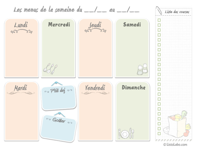 Semainier Repas Planification Menus Semaine Imprimer Couleur | PDF