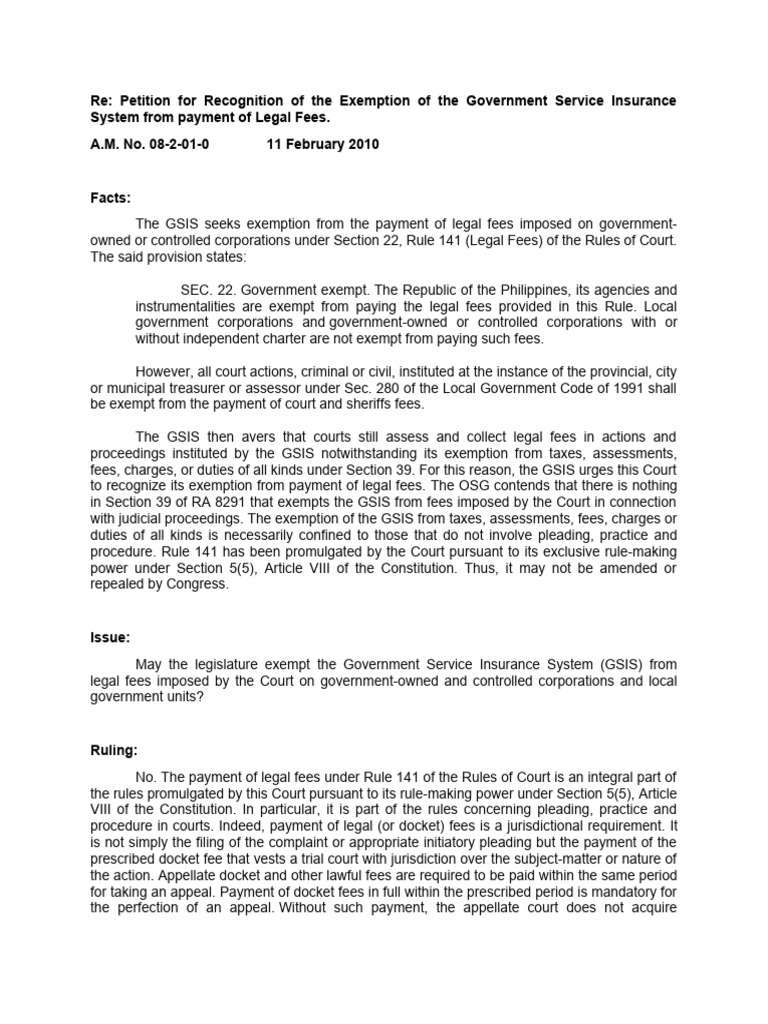 Petition For Recognition of The Exemption of The GSIS From Payment of ...