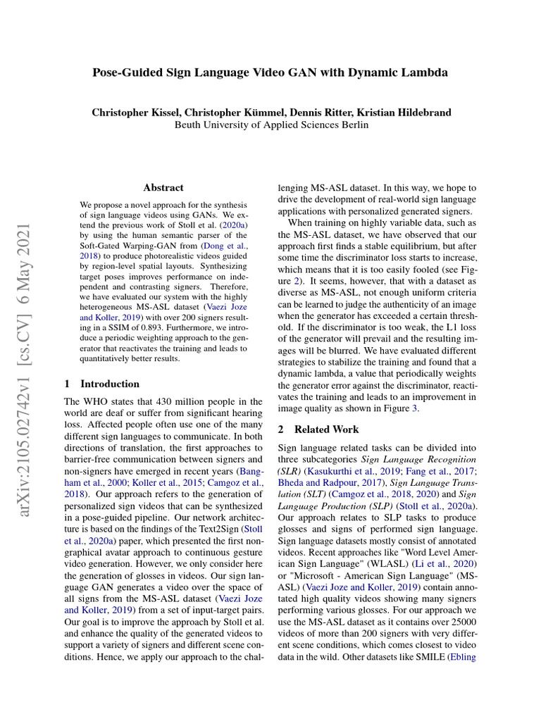 Pose-Guided Sign Language Video GAN With Dynamic Lambda | PDF | Parsing | American Sign Language