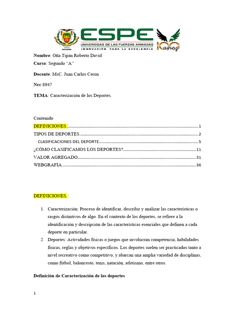 Oña Tipan Roberto Caracterización de Los Deportes | PDF