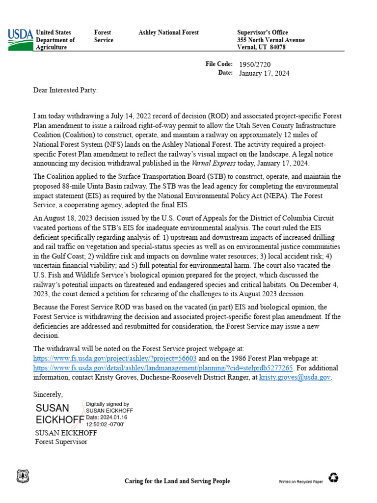 Forest Service Uinta Basin Railway Decision Withdrawal Letter | PDF ...
