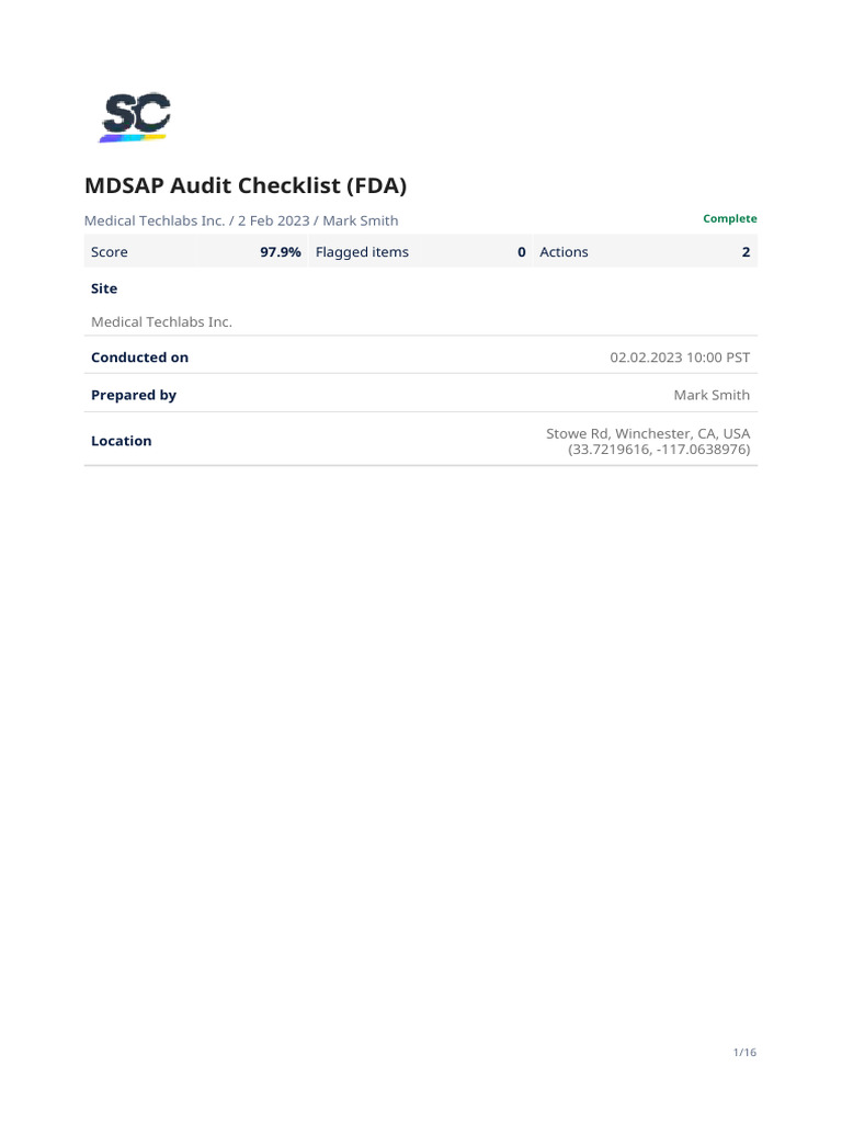 MDSAP Audit Checklist Sample Report SafetyCulture | PDF | Quality ...