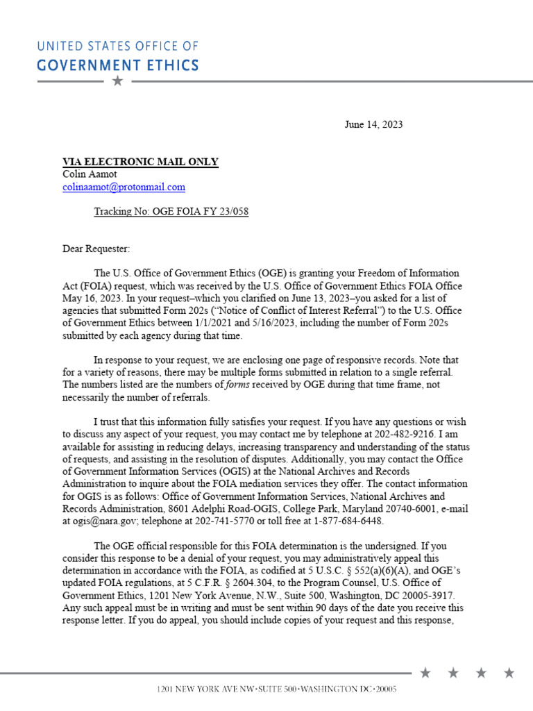 OGE FOIA Response Letter | Download Free PDF | Freedom Of Information ...