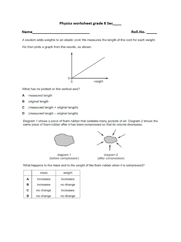 Physics Worksheet Grade 8 Sec - Doc Hookes | PDF