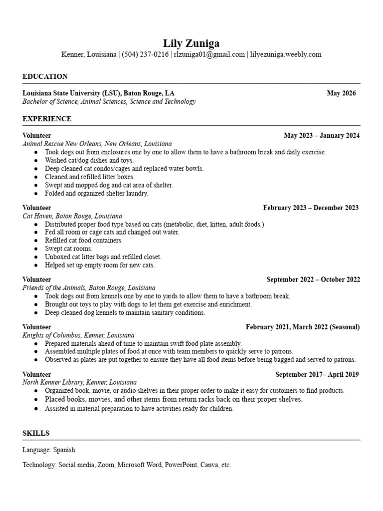 Resume 2024 | PDF | Cats | Louisiana