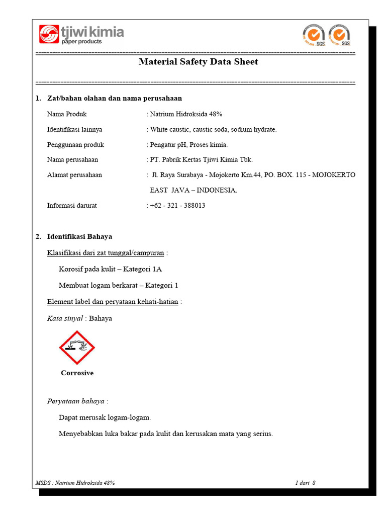 MSDS Natrium Hidroksida 48%GHS | PDF | Sains & Matematika | Teknologi ...