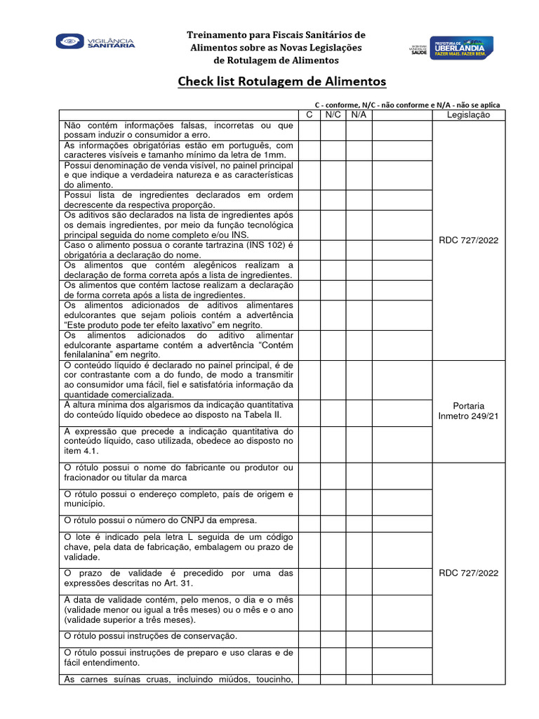 Check List Rotulagem de Alimentos | Download grátis PDF | Comidas e bebidas