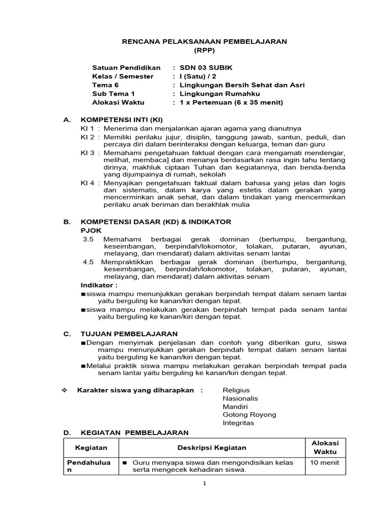 Kelas 1 RPP Tema 6 | PDF