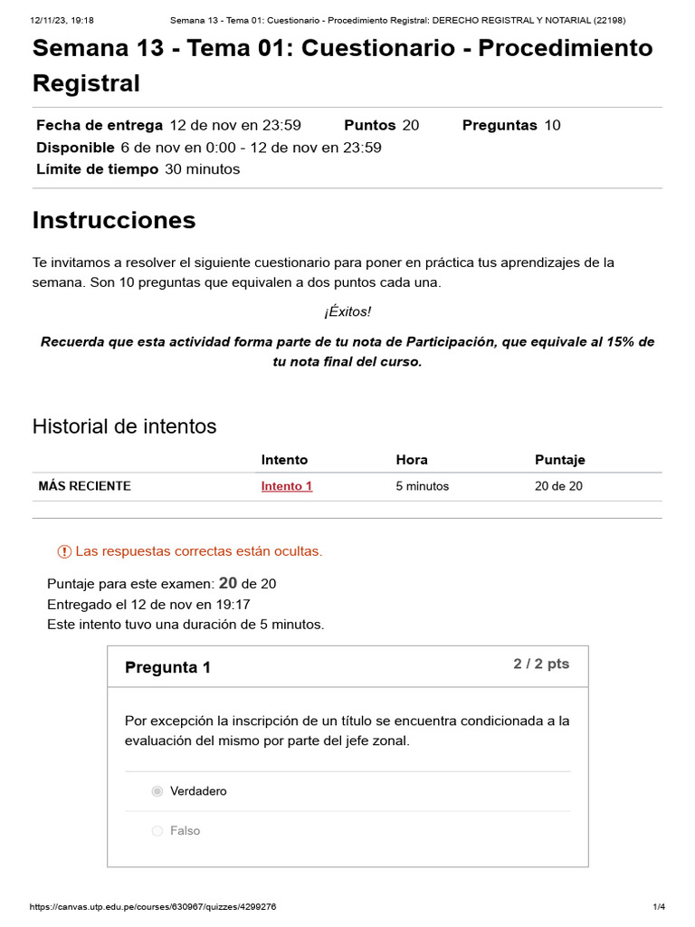 Semana 13 - Tema 01 - Cuestionario - Procedimiento Registral - DeRECHO REGISTRAL Y NOTARIAL ...