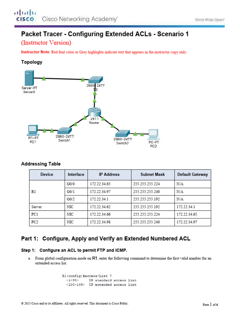 4.1.1.10 Packet Tracer - Configuring Extended ACLs Scenario 1 - Instructor | PDF | File Transfer ...