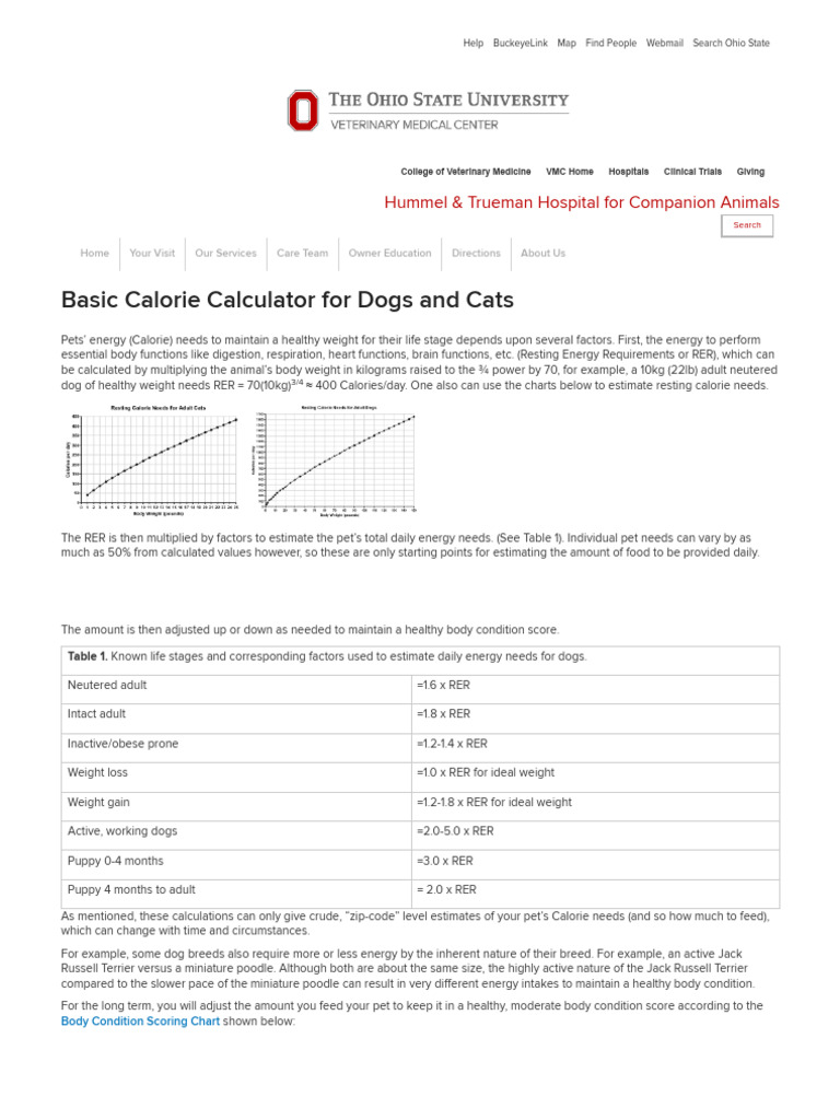Dog and Cat Calorie Calculator - OSU Veterinary Medical Center | PDF ...